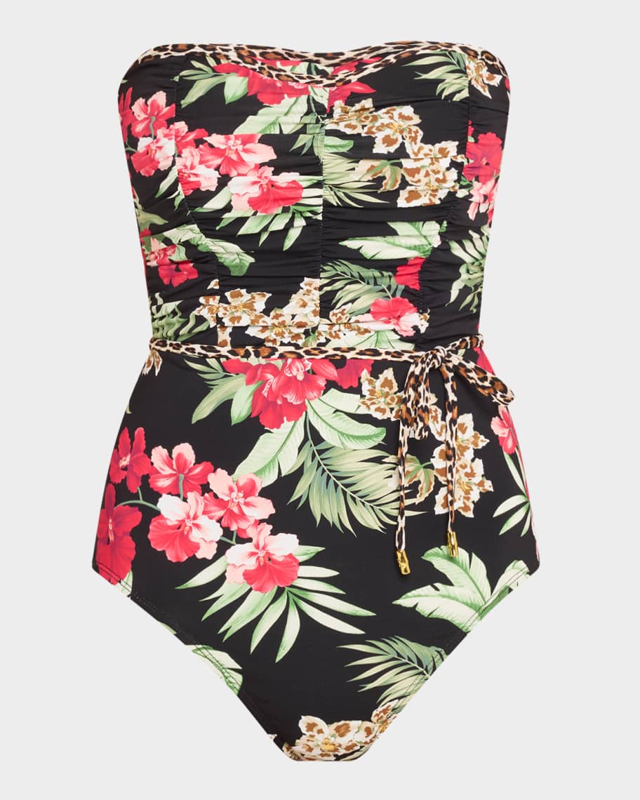 Tommy Bahama Lily Cat Shirred Bandeau One-Piece Swimsuit | Neiman Marcus