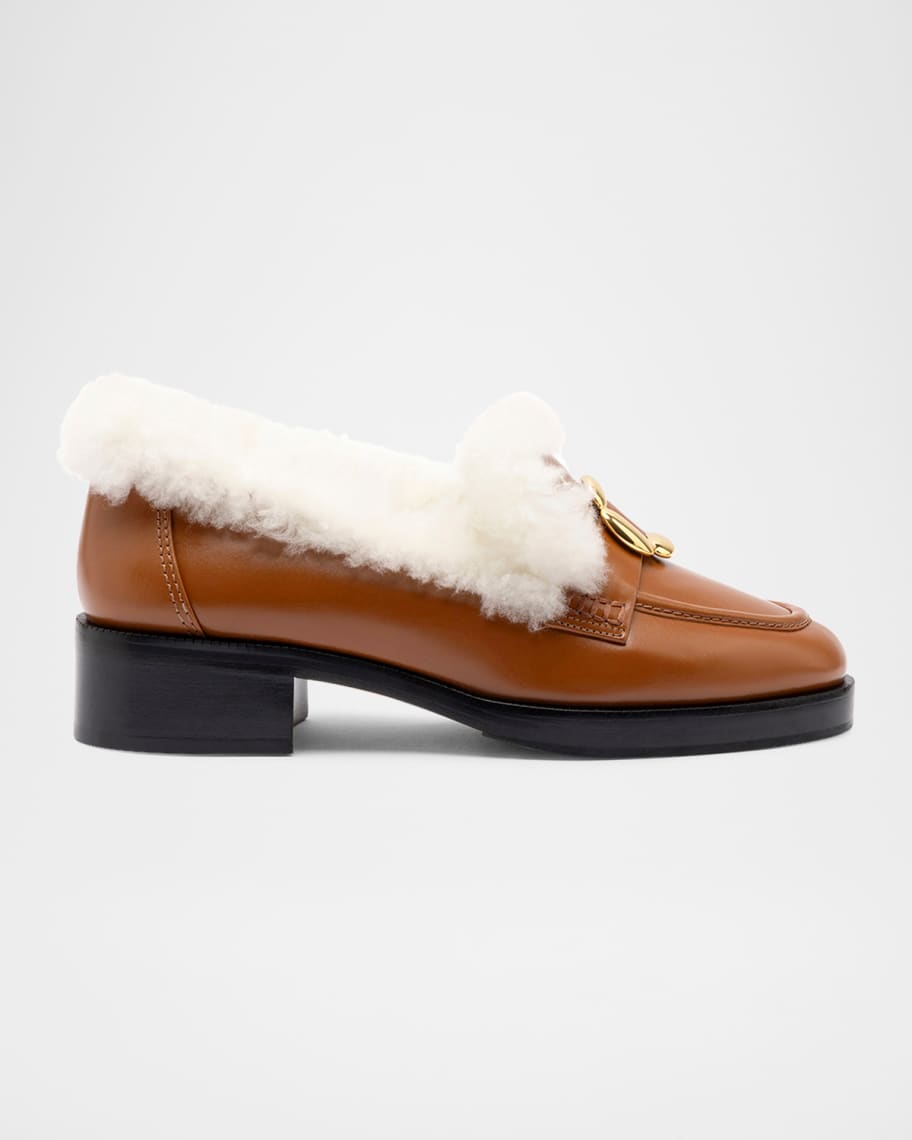 Larroude Bobbie Leather & Shearling Penny Loafers | Neiman Marcus