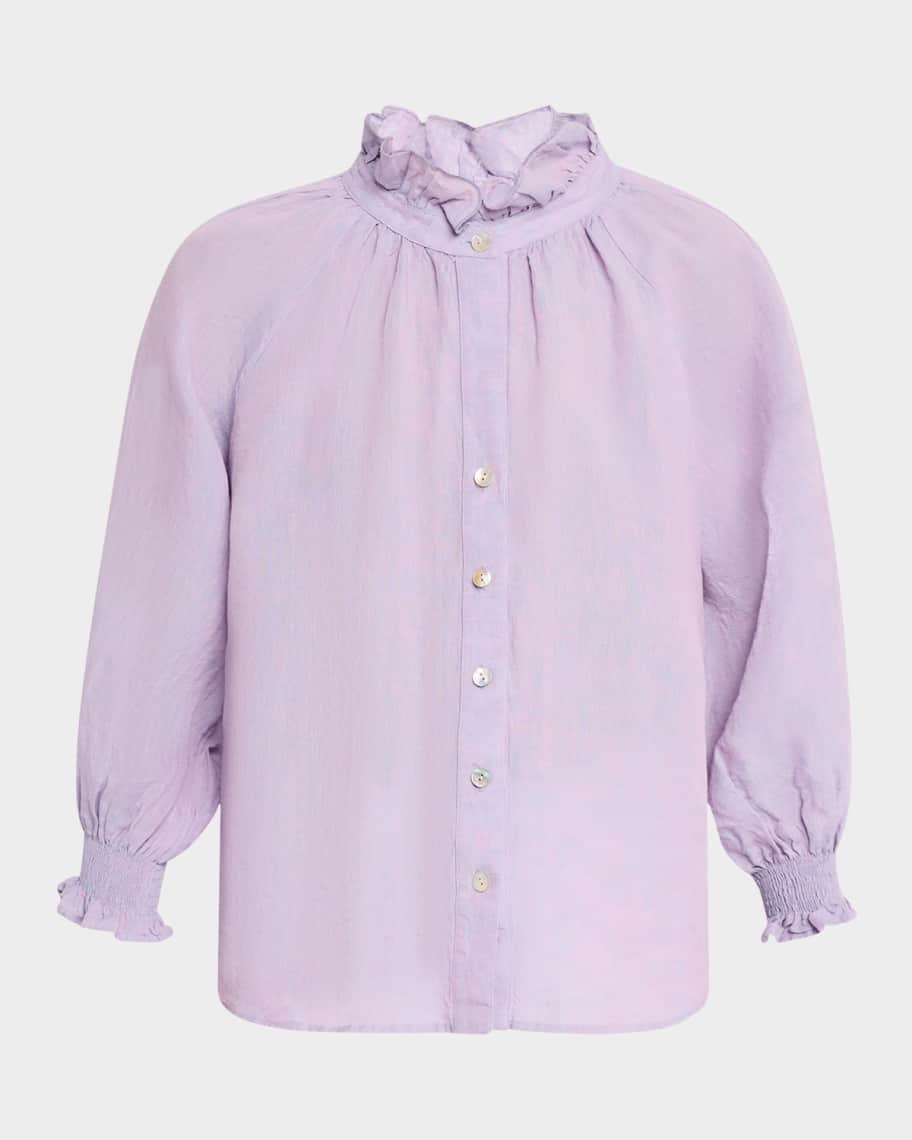Finley Fiona Ruffle-Trim Linen Chambray Shirt | Neiman Marcus