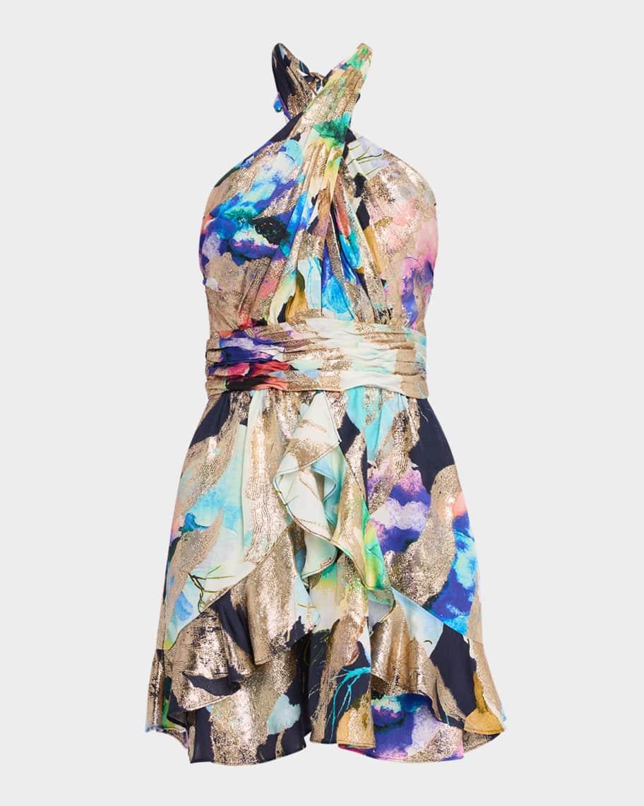 Ramy Brook Reuben Metallic Jacquard Halter Mini Dress | Neiman Marcus