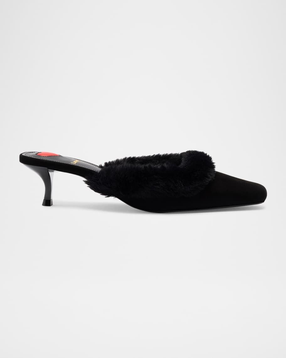 Larroude Amal Suede Faux Fur Kitten Mules | Neiman Marcus