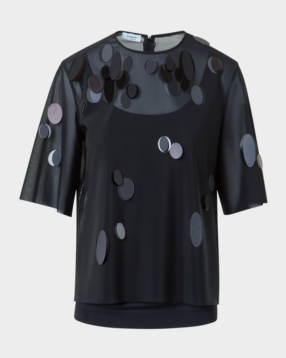 Akris punto Dot Sequin Embellished Tulle Short-Sleeve Top | Neiman Marcus
