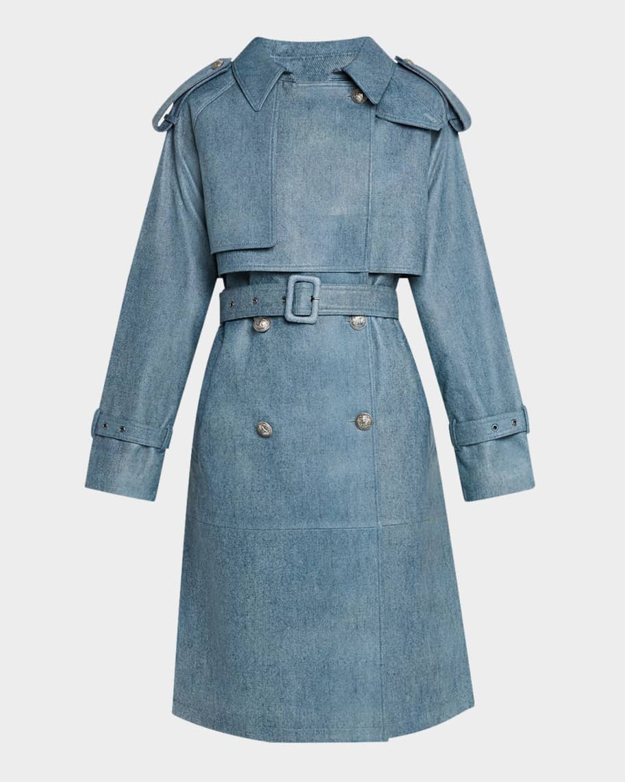 Kobi Halperin Tash Denim-Print Leather Trench Coat | Neiman Marcus