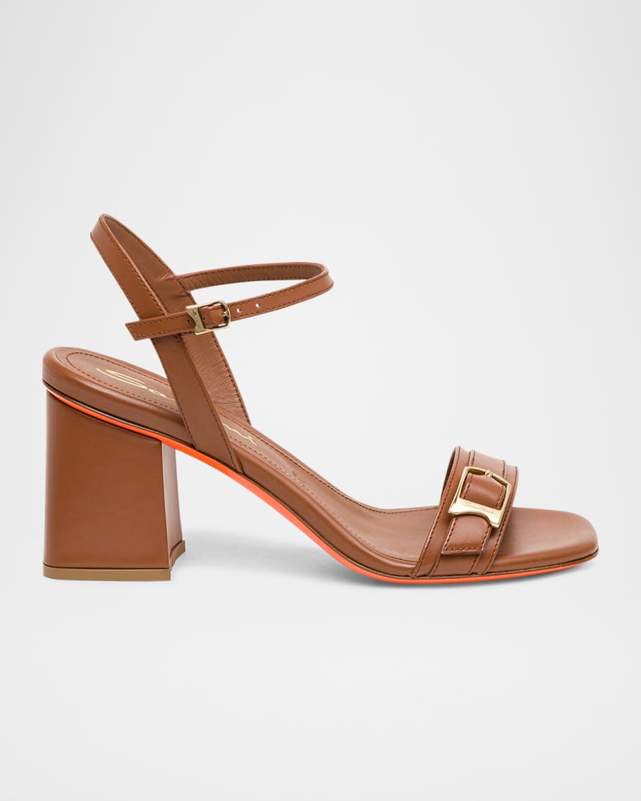 Santoni Calyso Leather Buckle Block-Heel Sandals | Neiman Marcus