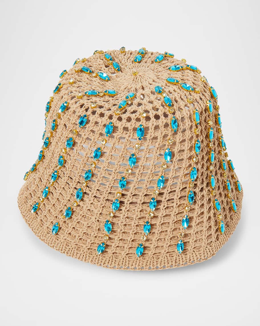 Lele Sadoughi Aqua Crystal Open Weave Bucket Hat | Neiman Marcus