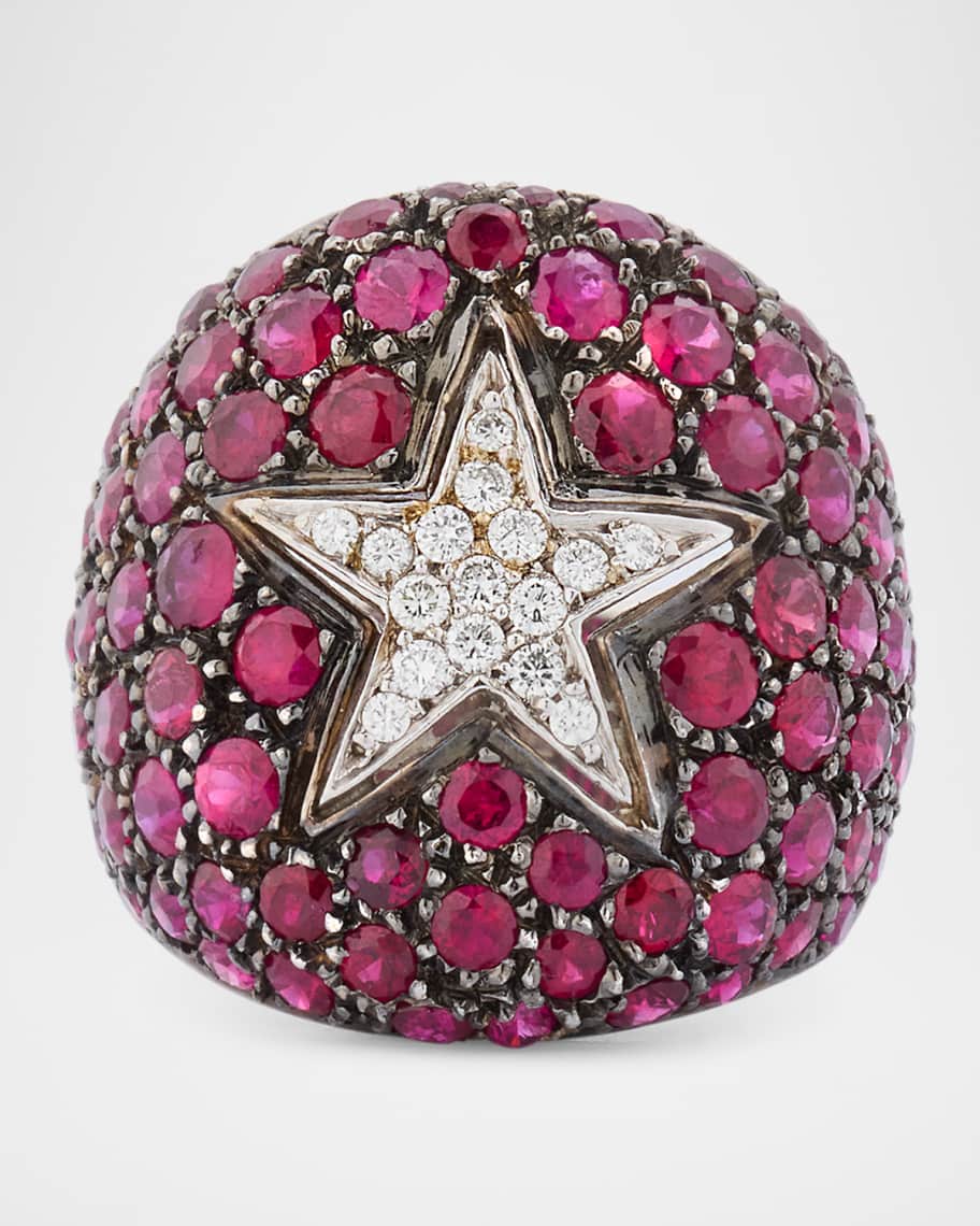 Krisonia 18K White Gold Star Diamond and Ruby Ring | Neiman Marcus