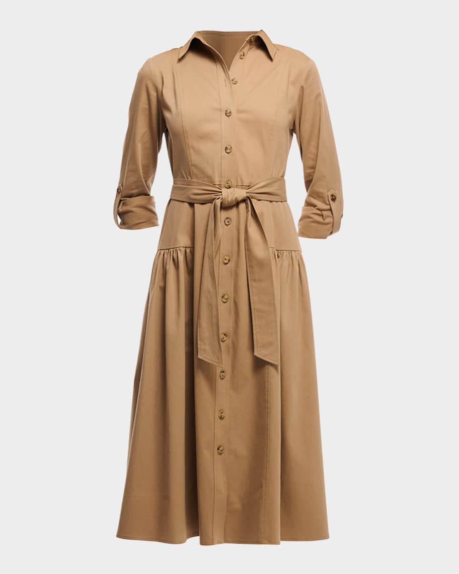 Shoshanna Stratton Ruched Stretch Cotton Midi Shirtdress | Neiman Marcus