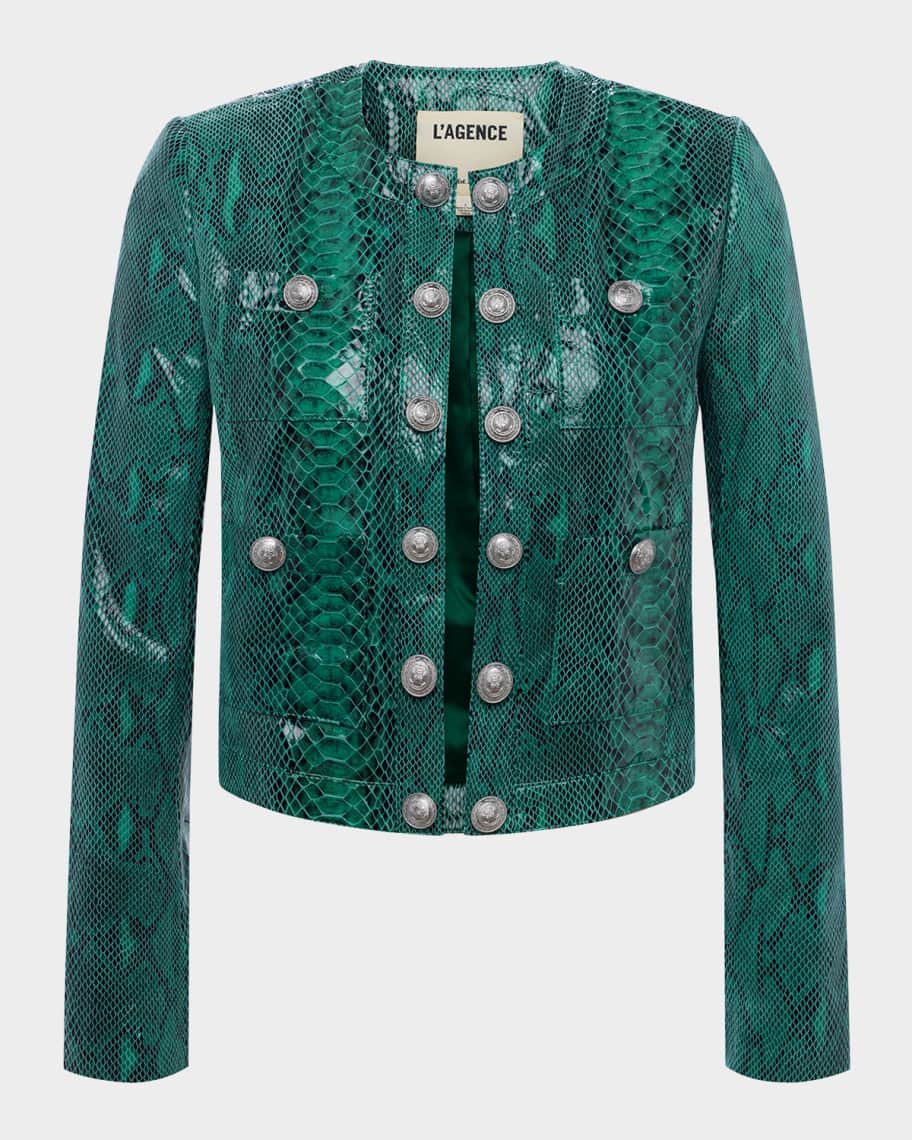L'Agence Jayde Collarless Snake-Printed Leather Jacket | Neiman Marcus