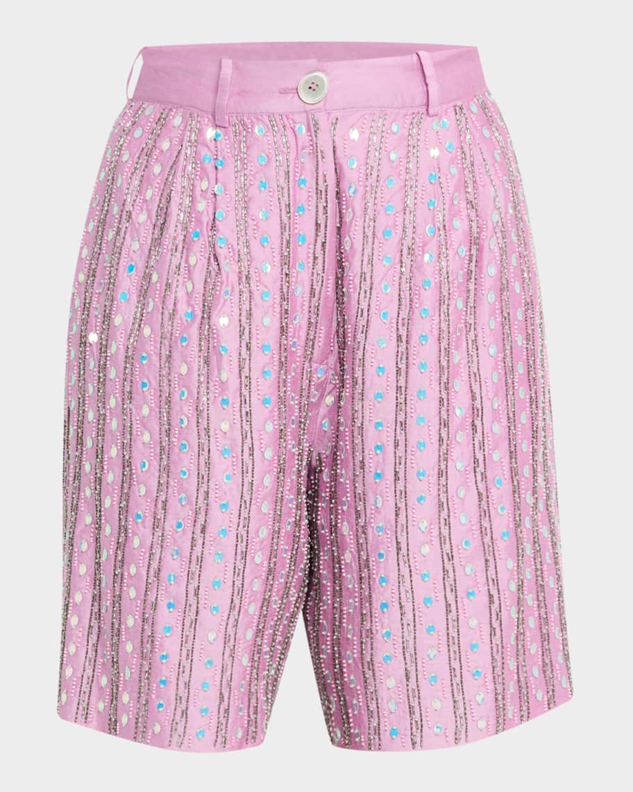 La Fuori Vixen Vortex Geo Embellished Pleated Shorts | Neiman Marcus