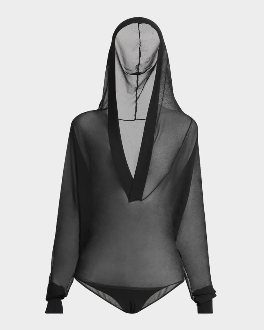 ALAIA Sheer V-Neck Hooded Bodysuit | Neiman Marcus