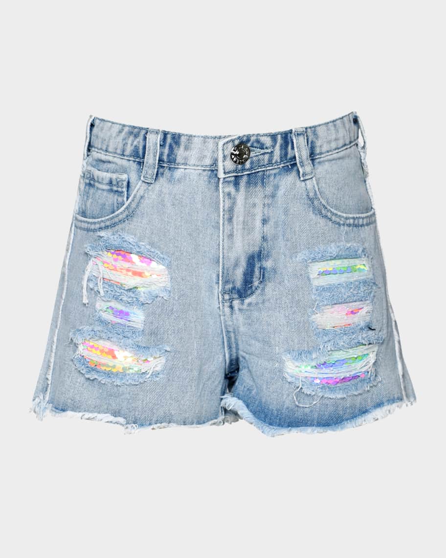 Hannah Banana Girl's Denim Shorts W/ Sequin Patches, Size 4-14 | Neiman Marcus