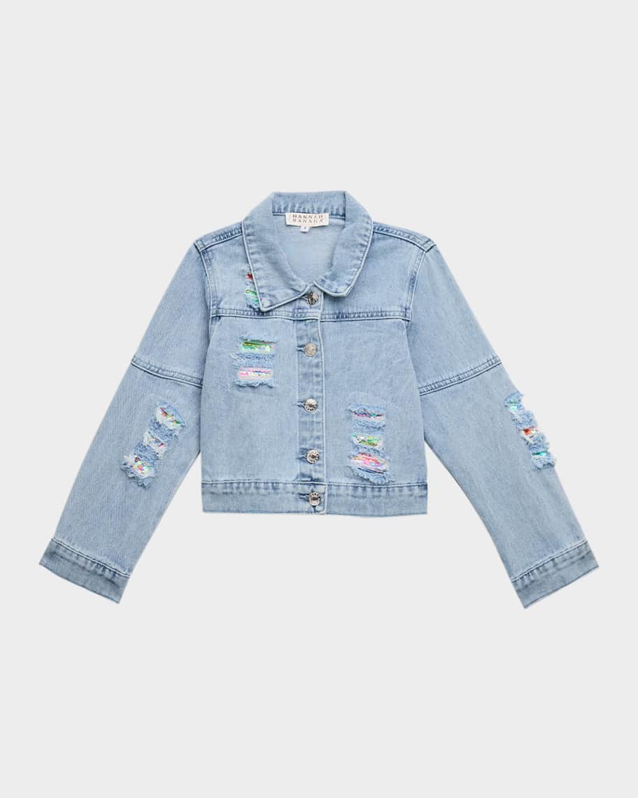 Hannah Banana Girl's Distressed Denim Jacket W/ Patches, Size 4-14 ...