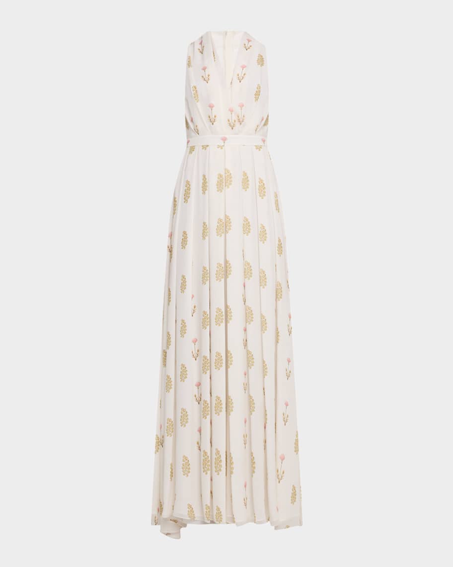 Giambattista Valli Flower-Print Pleated Silk Sleeveless Midi Dress ...