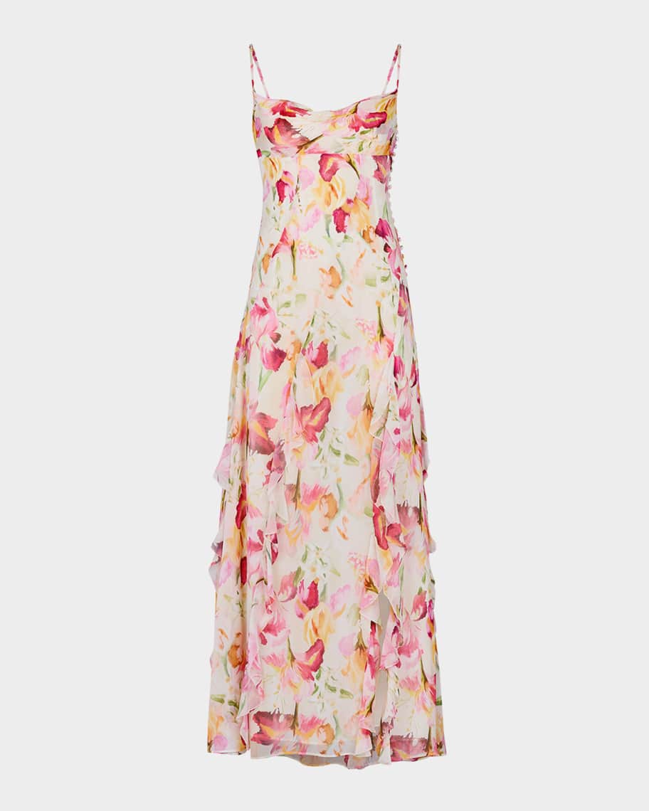 NICHOLAS Kamila Floral-Print Ruffle Gown | Neiman Marcus