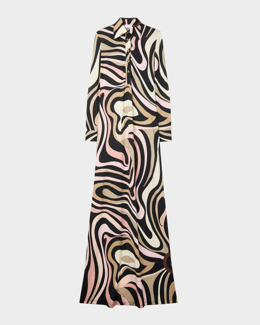 Pucci Marmo-Print Long-Sleeve Maxi Shirtdress | Neiman Marcus