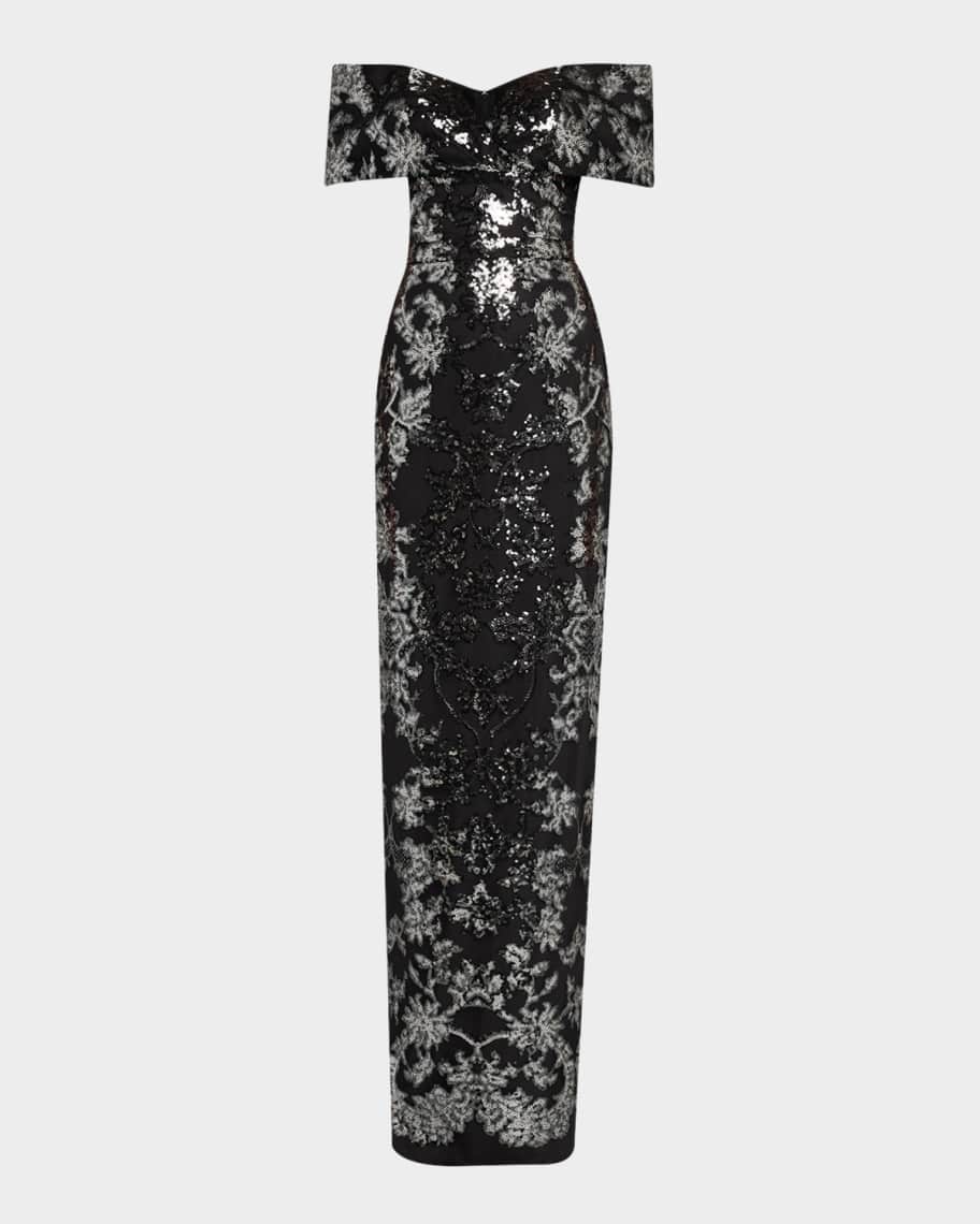 Pamella Roland Sequined Mesh Tulle Off-The-Shoulder Gown | Neiman Marcus