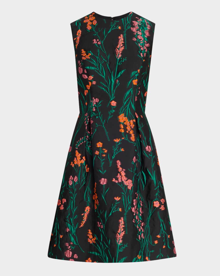 Lela Rose Betsy Floral Fil Coupe Pleated Dress | Neiman Marcus