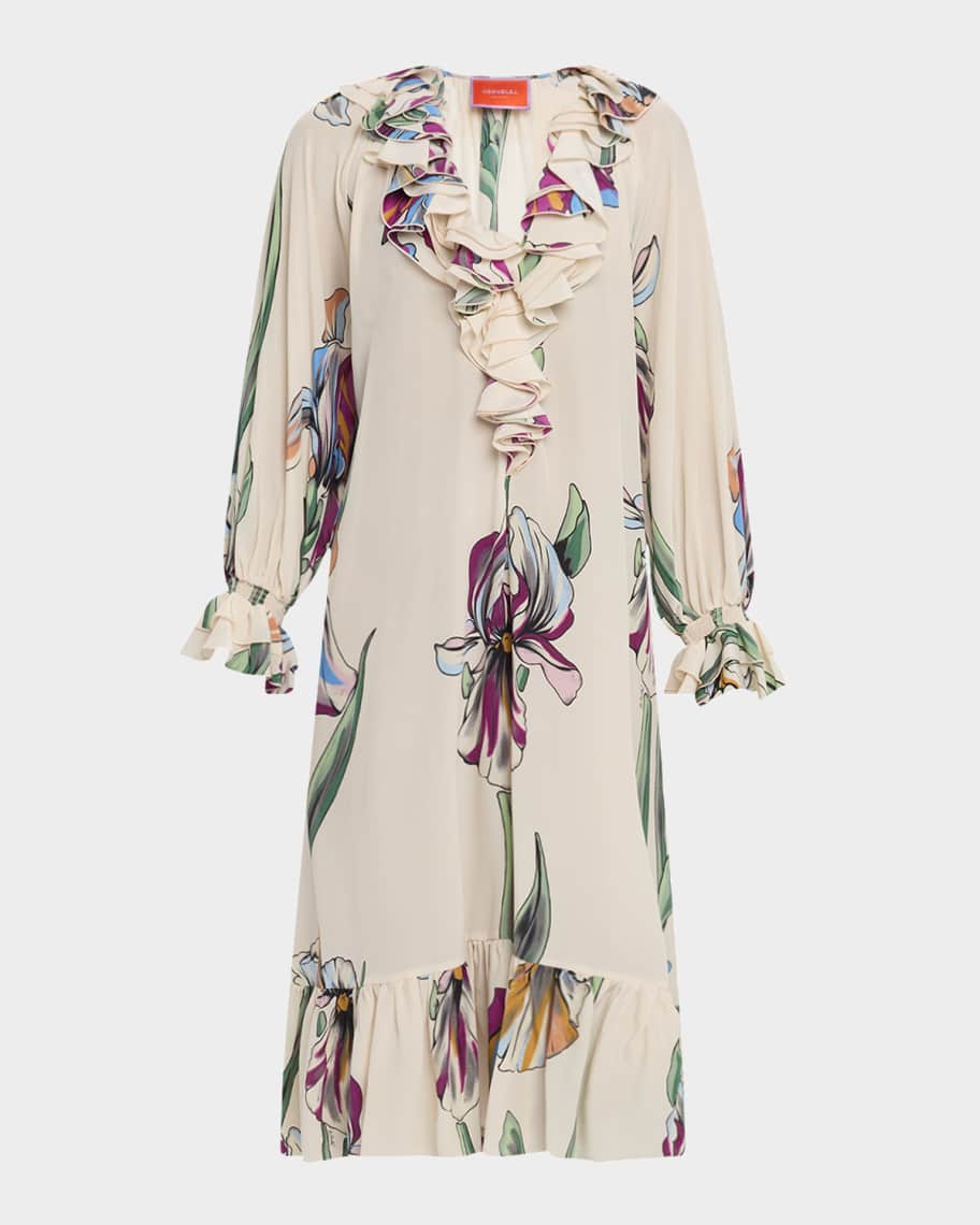 La DoubleJ Hey Jude Floral Ruffle Long-Sleeve Midi Dress | Neiman Marcus