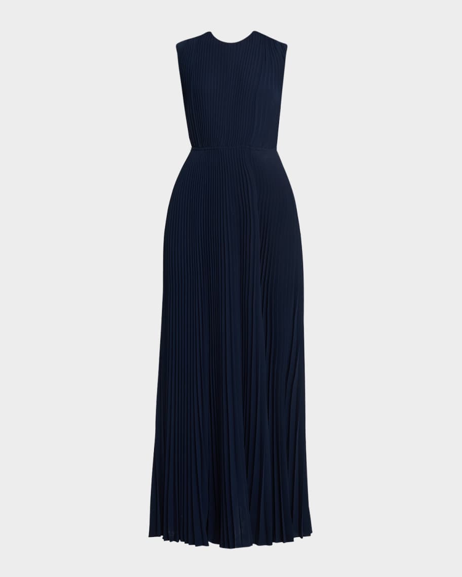 St. John Pleated Italian Crepe Strappy Open-Back Gown | Neiman Marcus