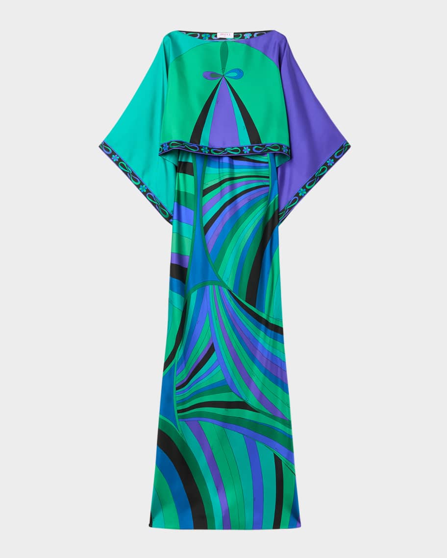 Pucci Iride-Print Silk Twill Maxi Dress With Cape | Neiman Marcus