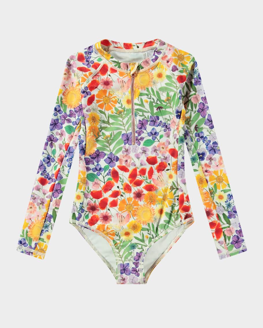 Molo Girl's Necky Long-Sleeve One-Piece Swimsuit, Size 8-12 | Neiman Marcus