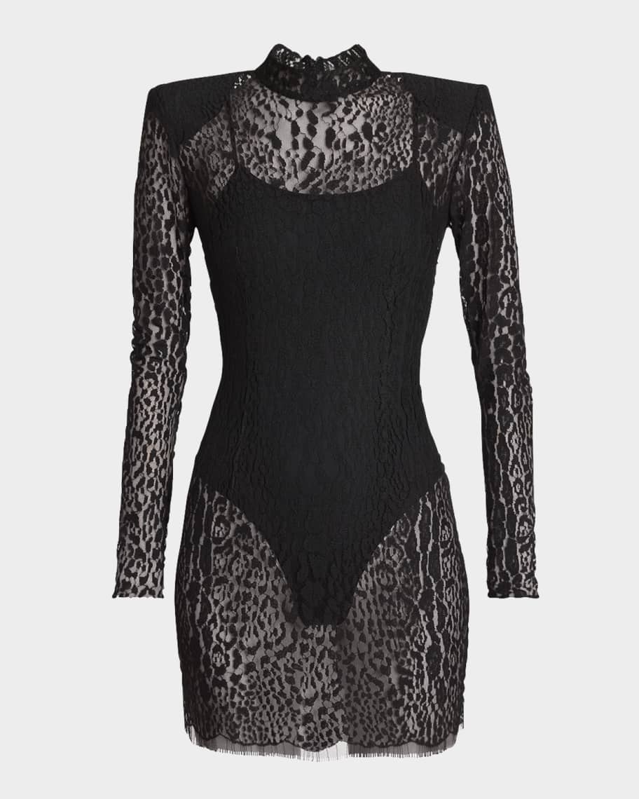 Balmain Leopard Lace Strong-Shoulder Mini Dress | Neiman Marcus