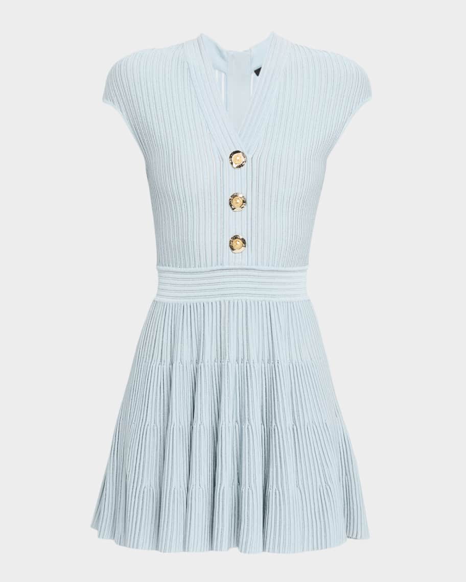 Balmain Short-Sleeve Flechage Knit Flare Mini Dress | Neiman Marcus