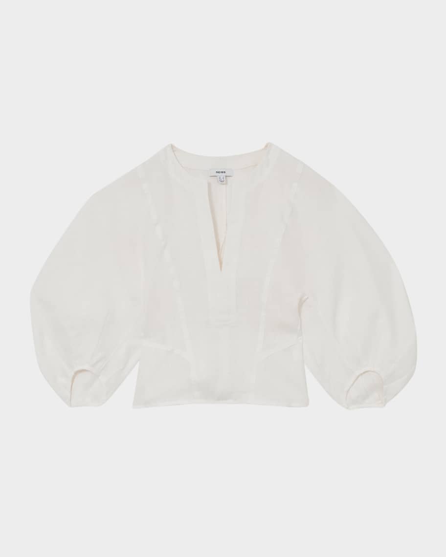 Reiss Remi Cropped Blouson-Sleeve Linen Blouse | Neiman Marcus