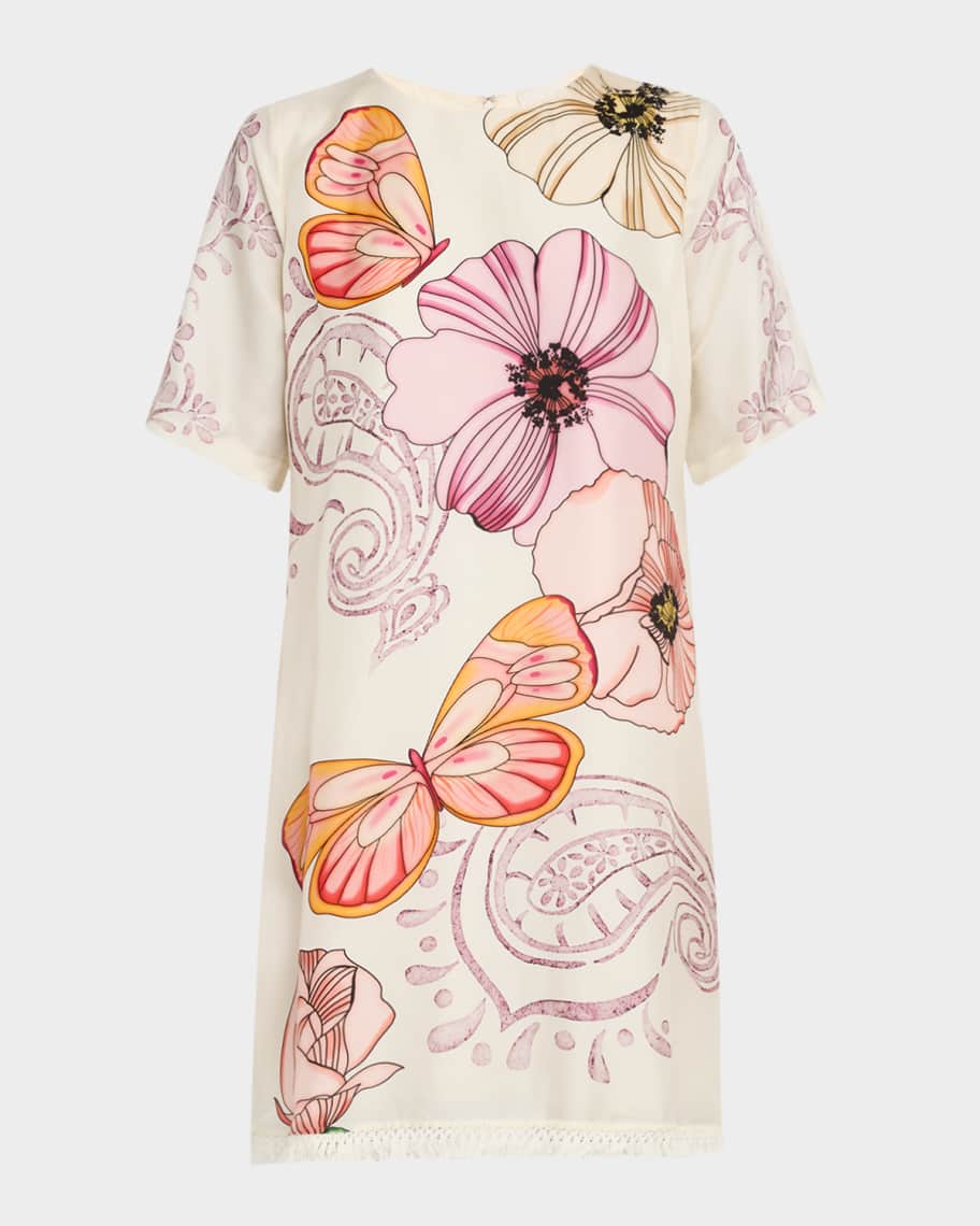 Johnny Was Daisee Fringed Floral-Print Mini Dress | Neiman Marcus