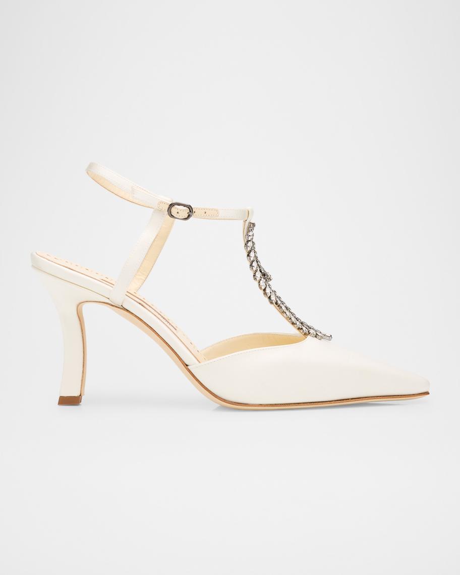 Manolo Blahnik Sufik Embellished Satin T-Strap Pumps | Neiman Marcus