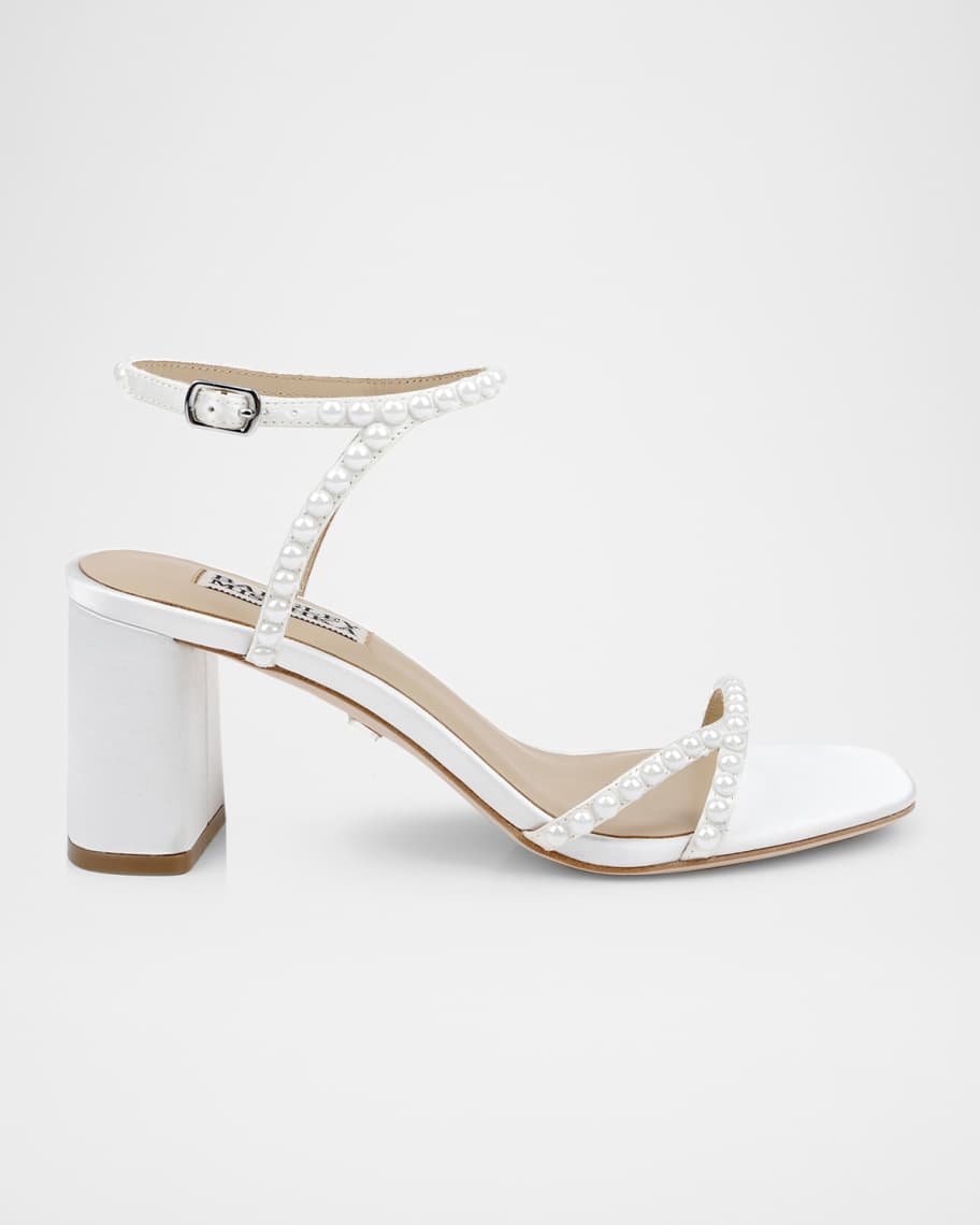 Badgley Mischka Giabella Pearly-Strap Satin Block-Heel Sandals | Neiman ...