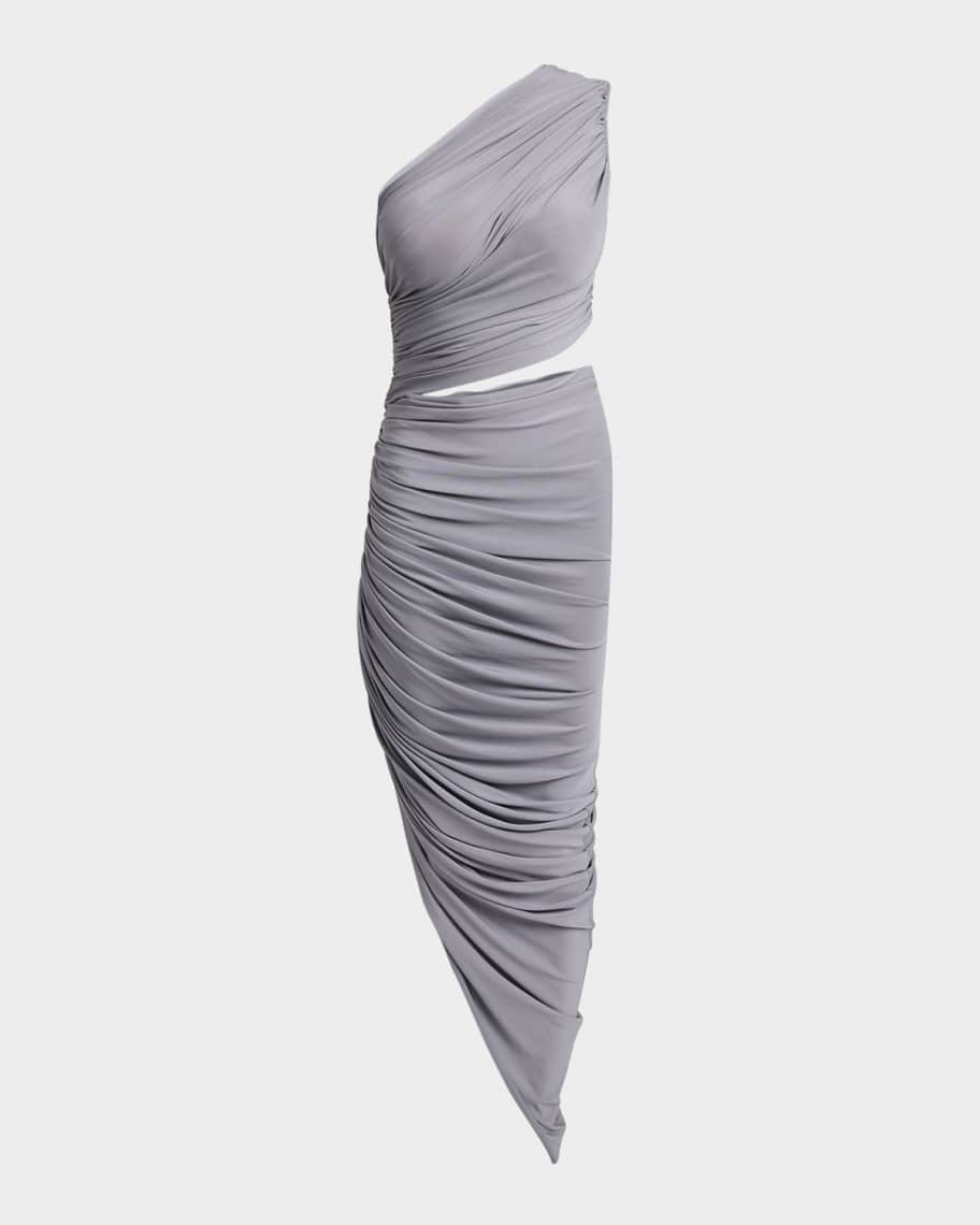 ALAIA Asymmetric Ruched Cutout Midi Dress | Neiman Marcus