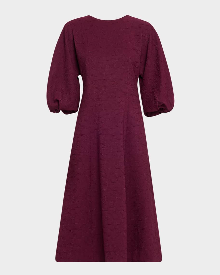 Lafayette 148 New York Balloon-Sleeve Jacquard Midi Dress | Neiman Marcus