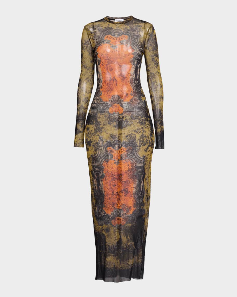 Jean Paul Gaultier Medallion-Print Mesh Long-Sleeve Maxi Dress | Neiman Marcus