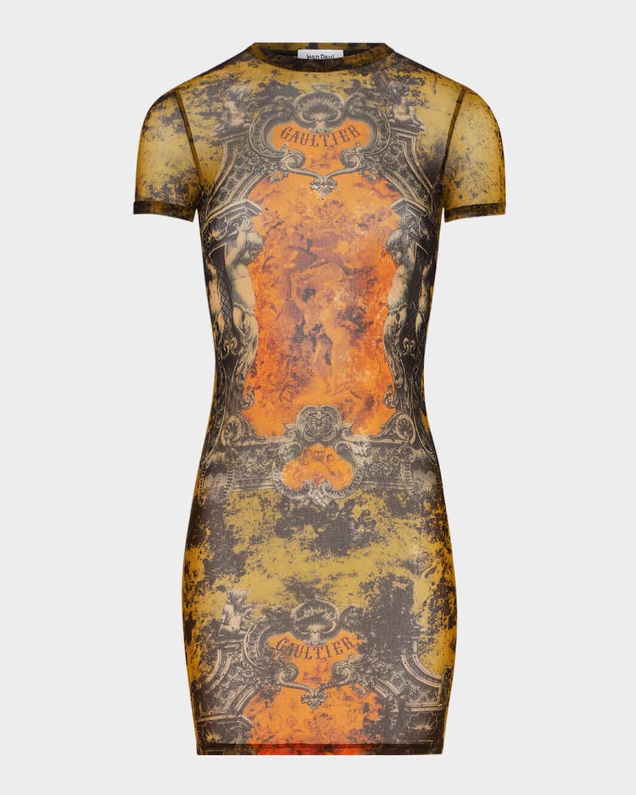 Jean Paul Gaultier Medallion-Printed Mesh Short-Sleeve Mini Dress | Neiman Marcus