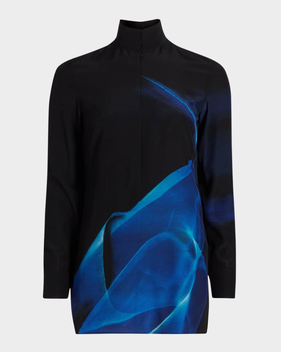 Akris Alyson's Cyanotype Printed Mock-Neck Tunic Blouse | Neiman Marcus