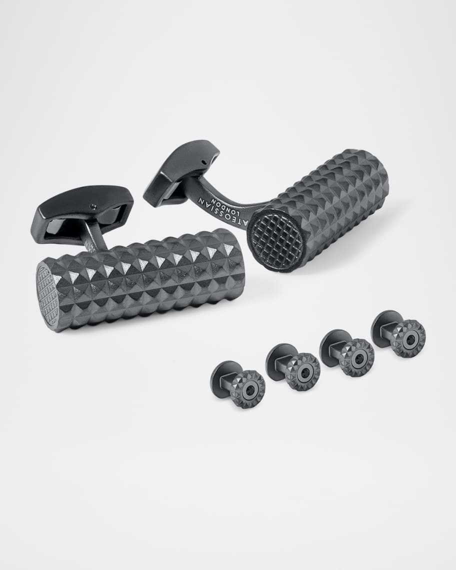 Tateossian Men's Gunmetal Diamond Giza Cylinder Cufflink and Stud Set ...