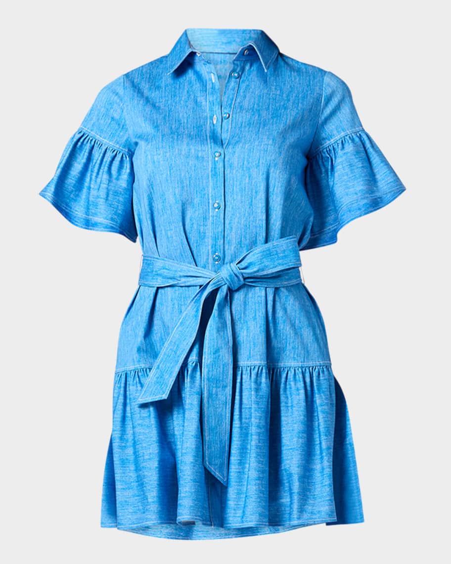 Shoshanna Lima Flouce Ruffle Button-Down Mini Dress | Neiman Marcus