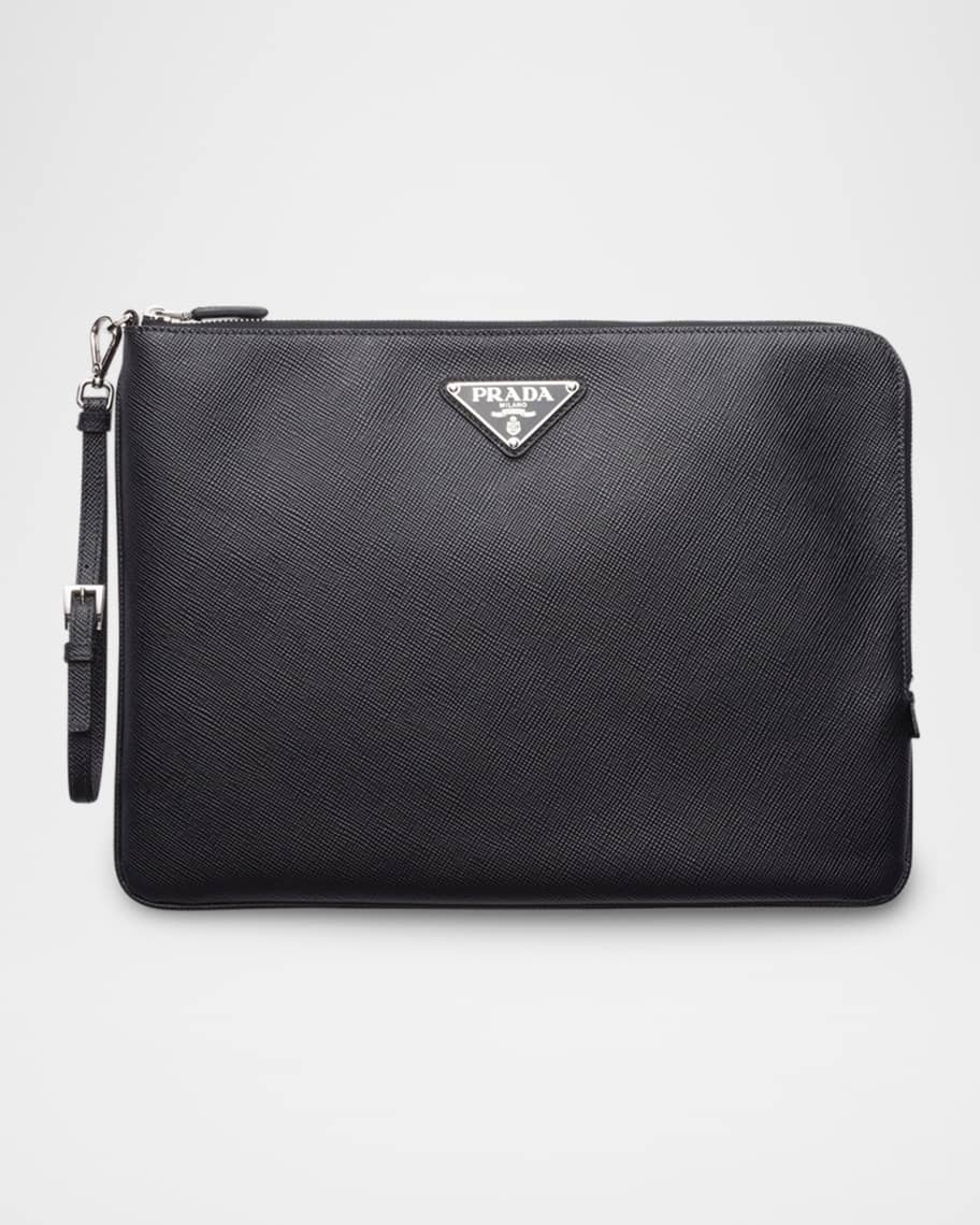 Prada Men's Large Saffiano Leather Pouch with Wrist Strap | Neiman Marcus