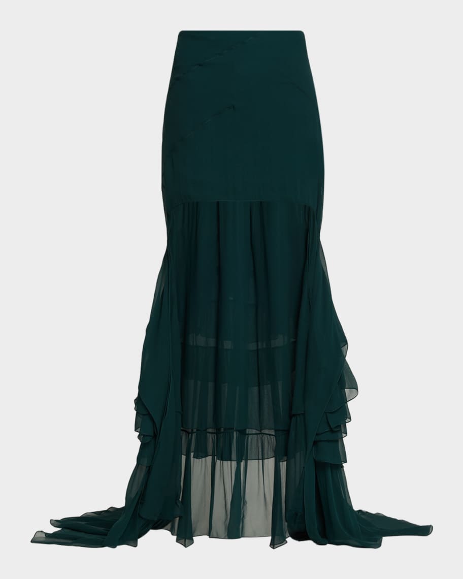 Saint Laurent Cascading Ruffle Silk Crepe High-Low Skirt | Neiman Marcus