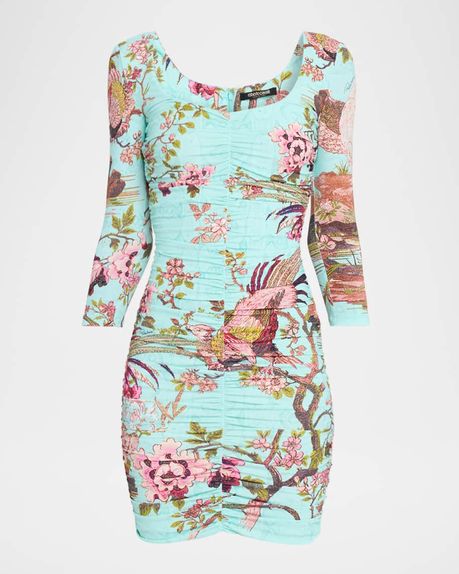 Roberto Cavalli Ruched 3/4-Sleeve Mini Dress | Neiman Marcus