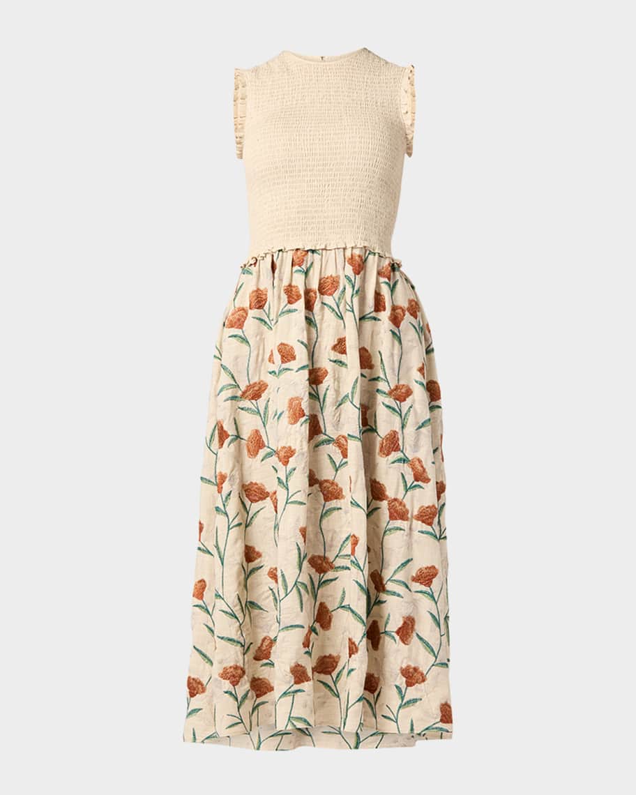 Shoshanna Roberta Smocked Floral-Embroidered Midi Dress | Neiman Marcus
