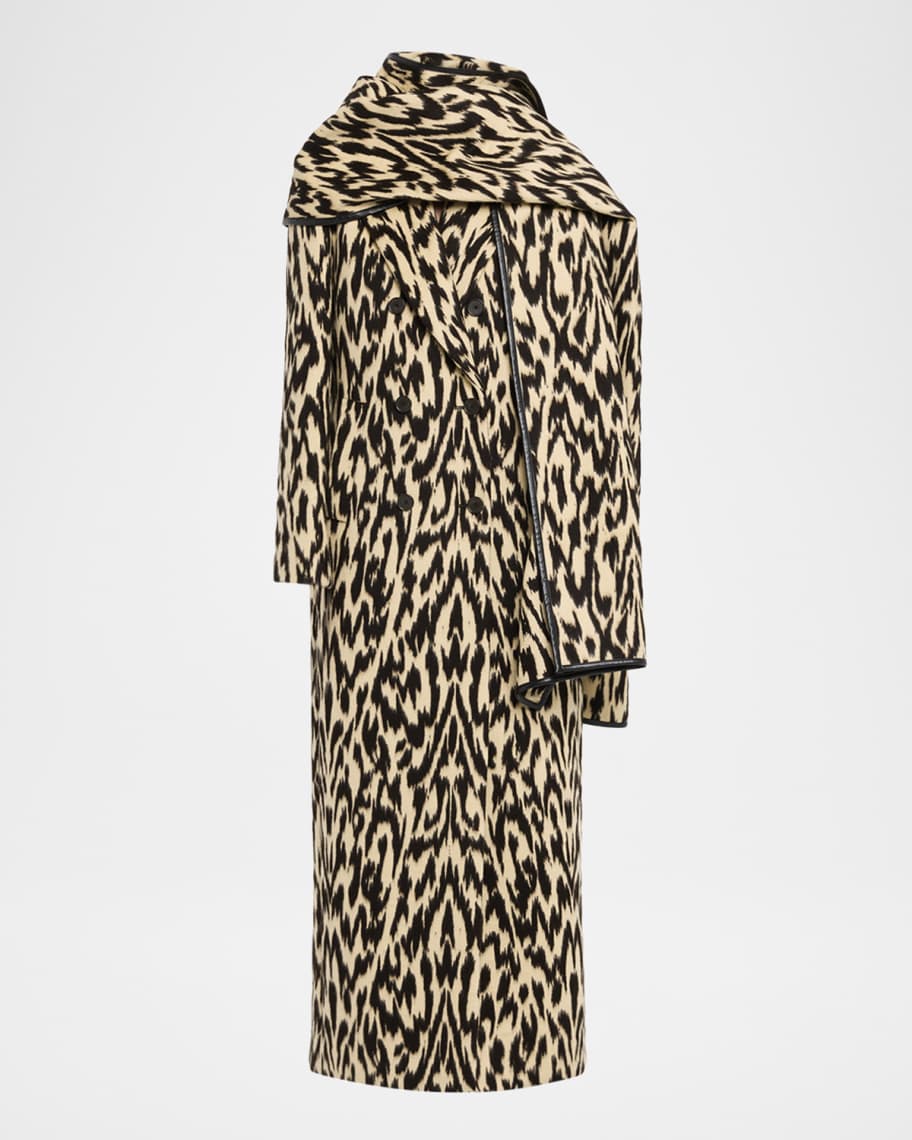 Brandon Maxwell Demi Ocelot-Print Double-Breasted Long Coat With Scarf ...