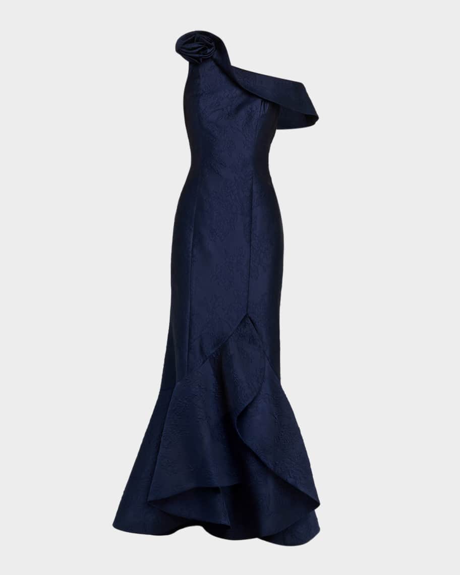 Rickie Freeman for Teri Jon High-Low Ruffle Jacquard Gown | Neiman Marcus