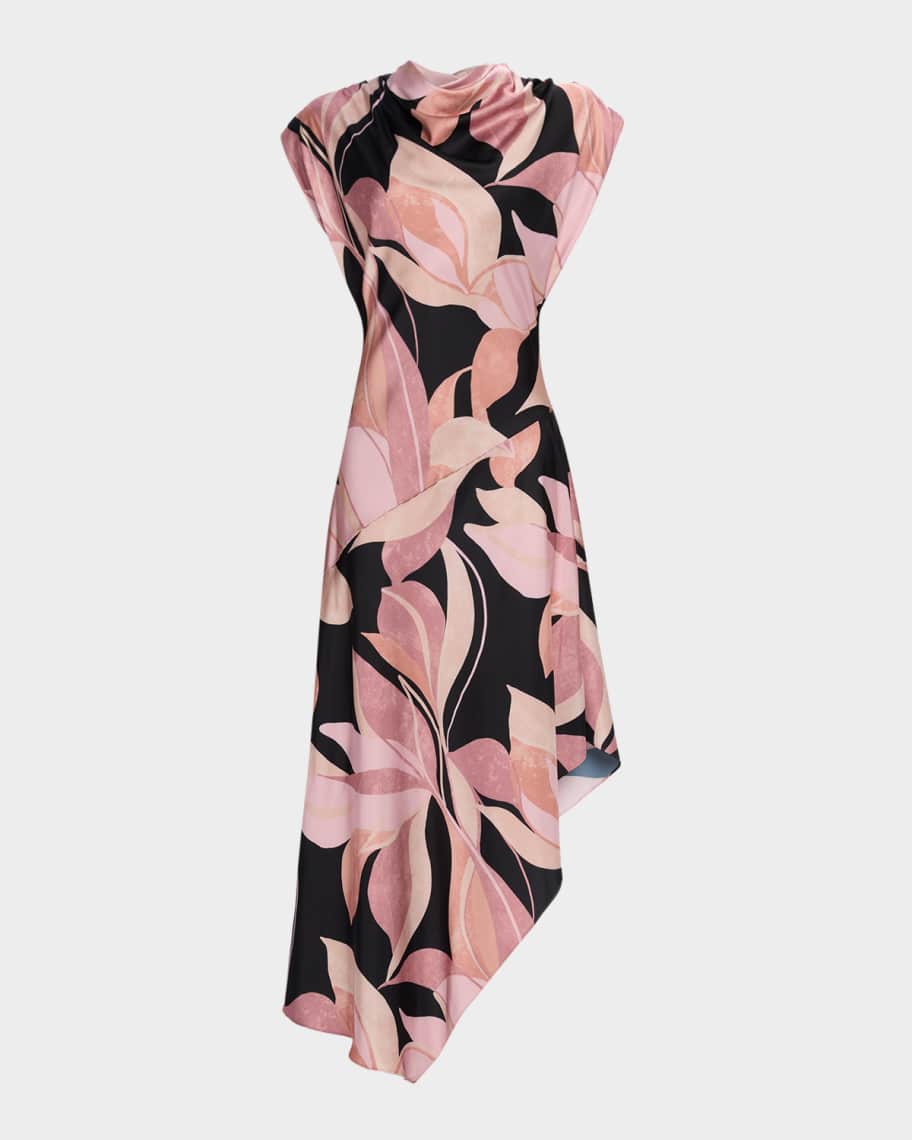 MISA Los Angeles Sally Asymmetric Satin Midi Dress | Neiman Marcus