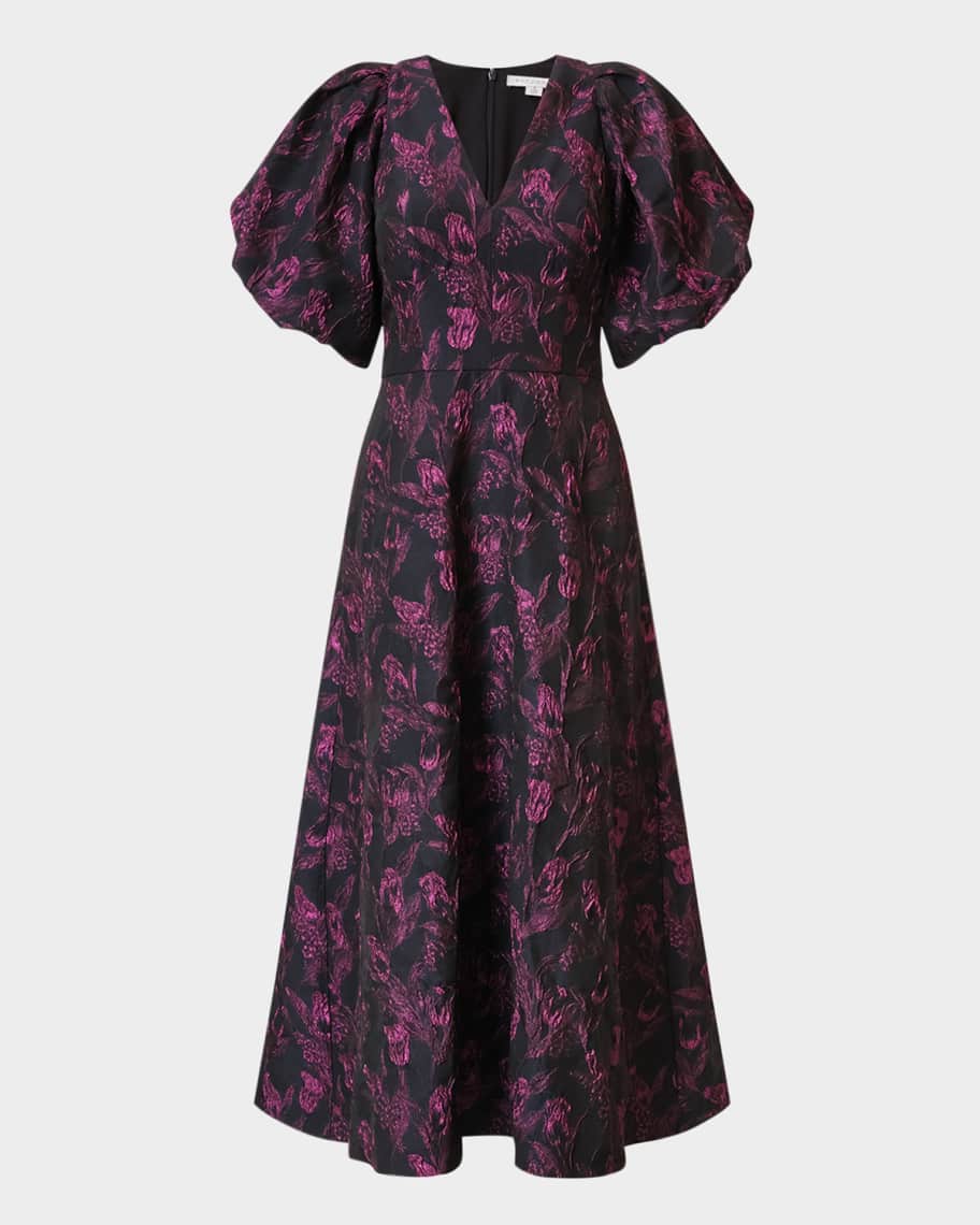 Kay Unger New York Grace Blouson-Sleeve Floral Jacquard Midi Dress ...
