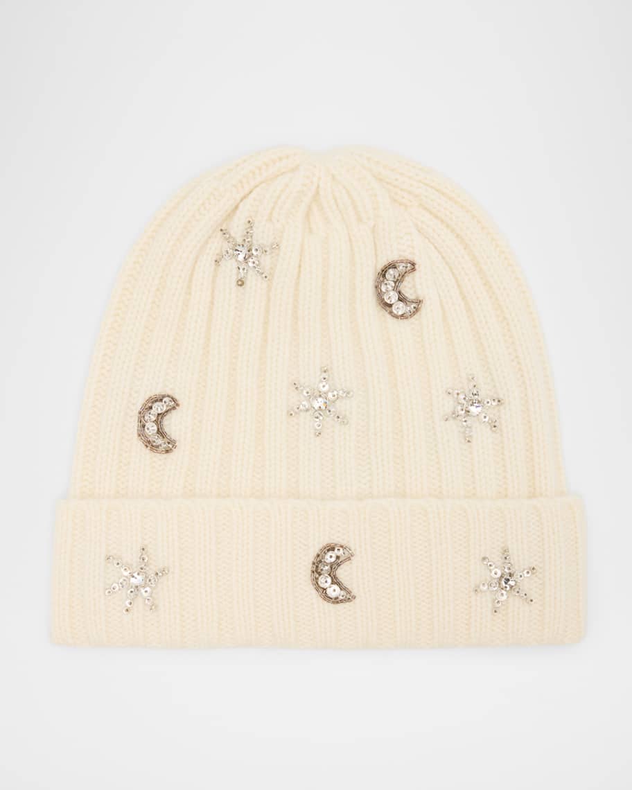 Carolyn Rowan Embroidered Crystal Cashmere Rib Beanie | Neiman Marcus
