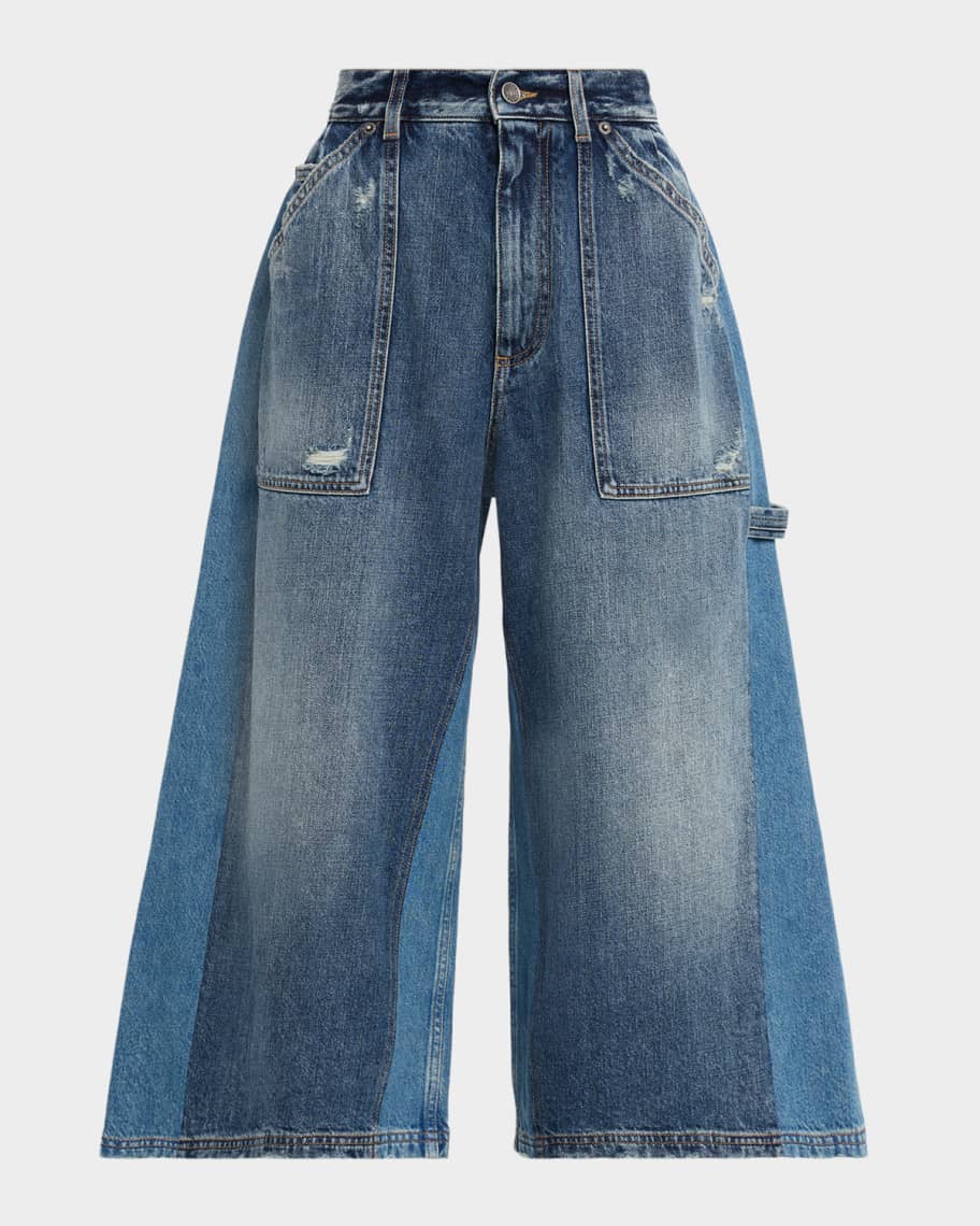 Dolce&Gabbana Patchwork Denim Wide-Leg Crop Carpenter Pants | Neiman Marcus