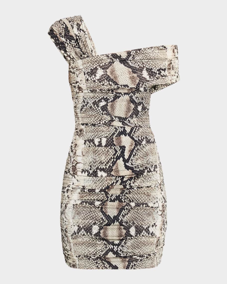 Roberto Cavalli Python-Print Jersey Ruched Off-The-Shoulder Mini Dress ...