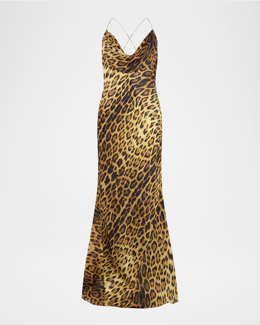 Roberto Cavalli Jaguar-Print Silk Draped Backless Gown | Neiman Marcus